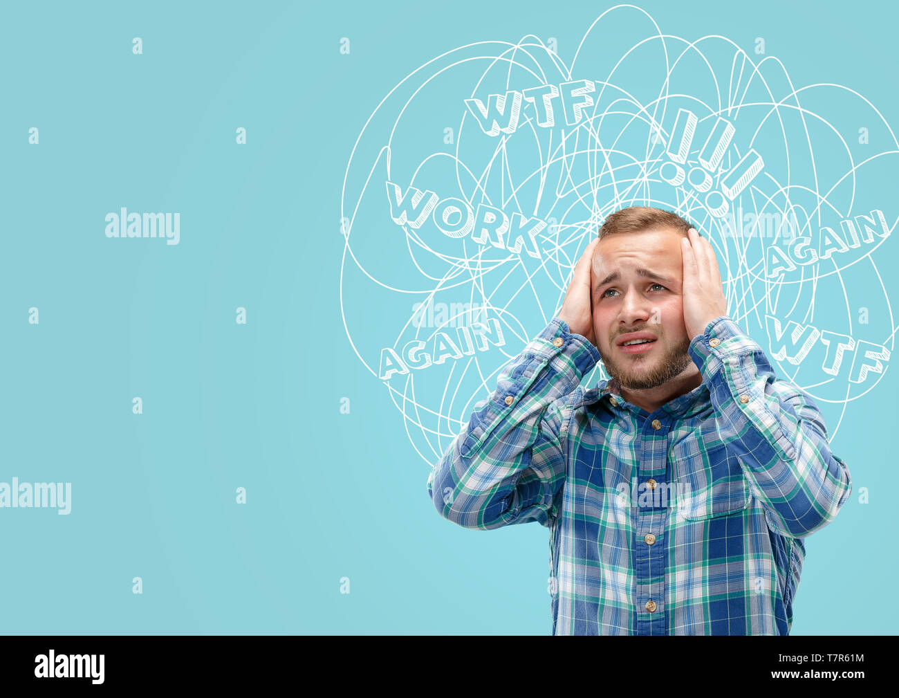 Young caucasian man with mixed thoughts against blue background ...