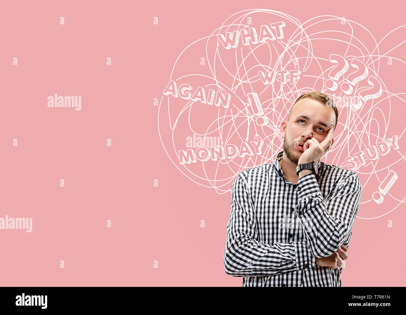 Young caucasian man with mixed thoughts against coral background ...