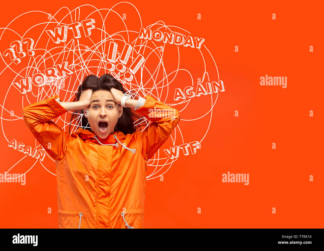 Young caucasian woman with mixed thoughts against bright orange studio ...