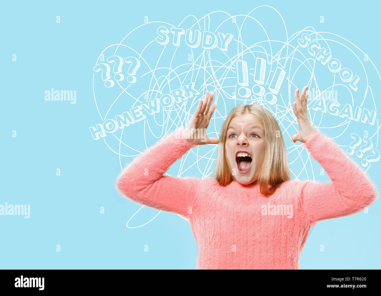 Young caucasian girl with mixed thoughts against blue studio background ...