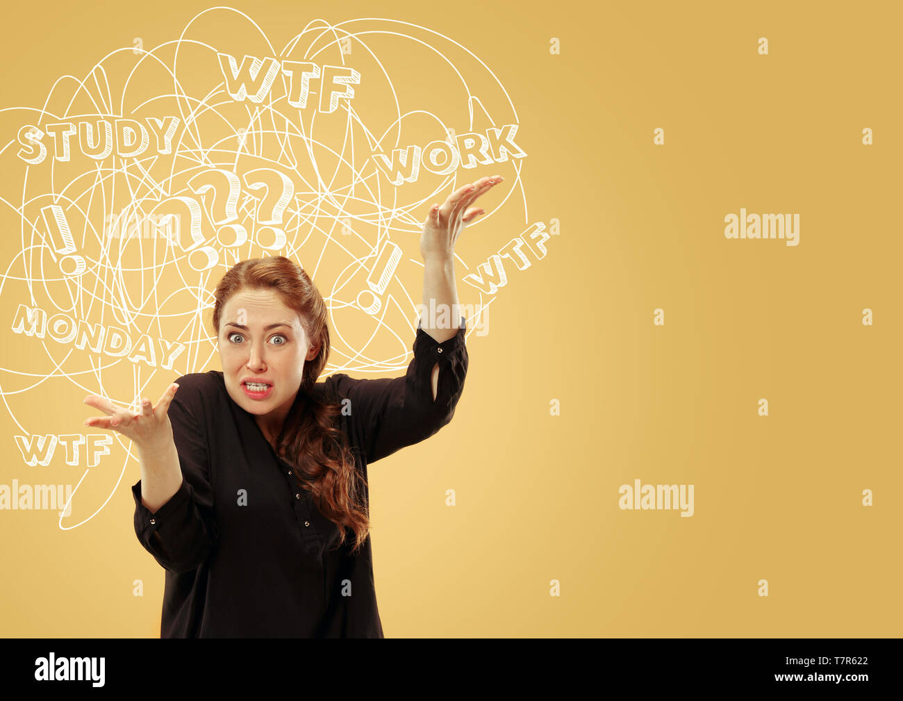 Young caucasian woman with mixed thoughts against yellow studio ...