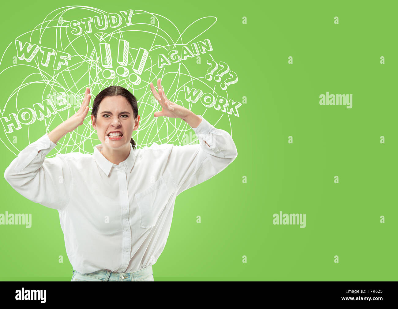 Young caucasian woman with mixed thoughts against bright green ...