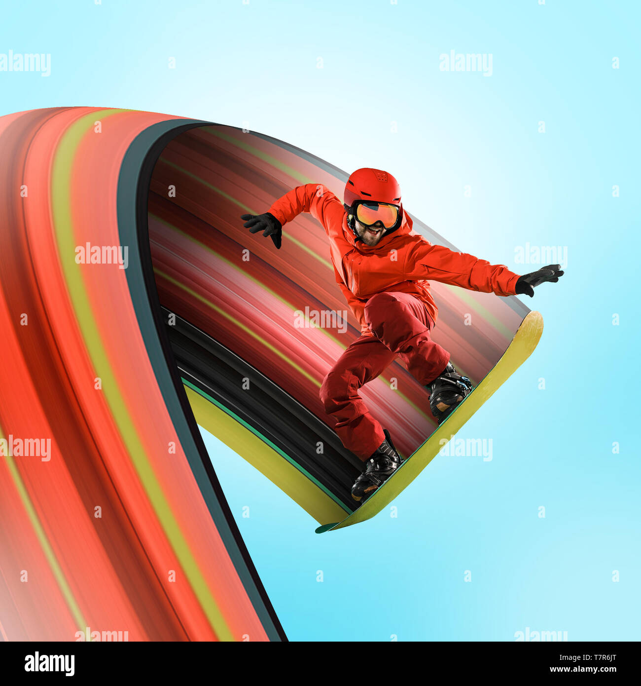 Professional caucasian snowboarder in motion isolated on blue studio ...