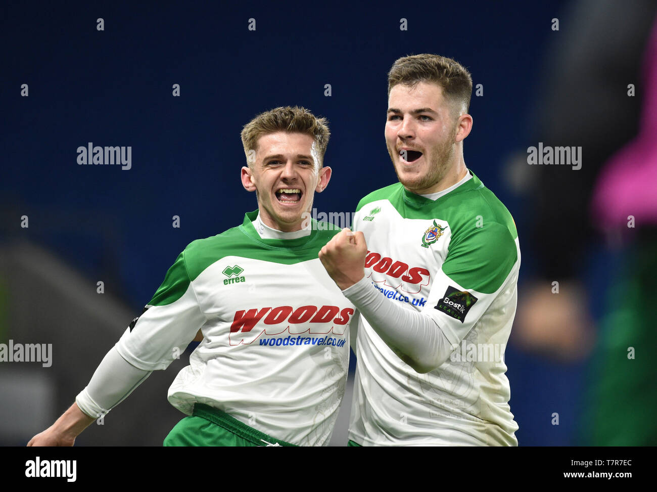Doug Tuck (left) of Bognor celebrates after scoring their second goal ...