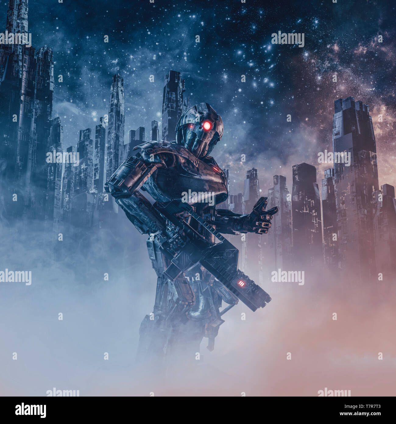 The android patrolman / 3D illustration of science fiction scene with ...