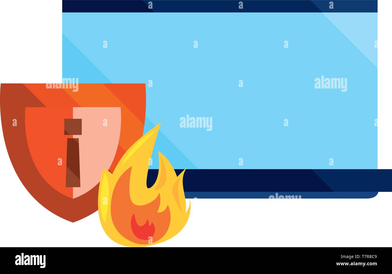 laptop shield protection fire alert cybersecurity data vector ...