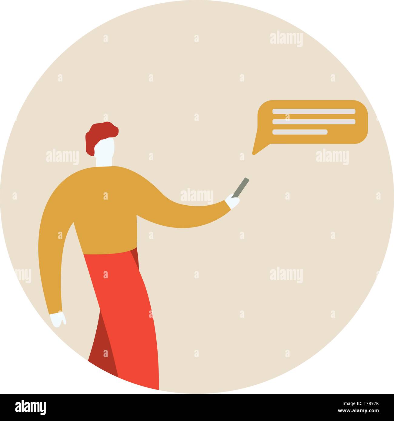 Happy cartoon man looking at his mobile phone and smiling on a ...