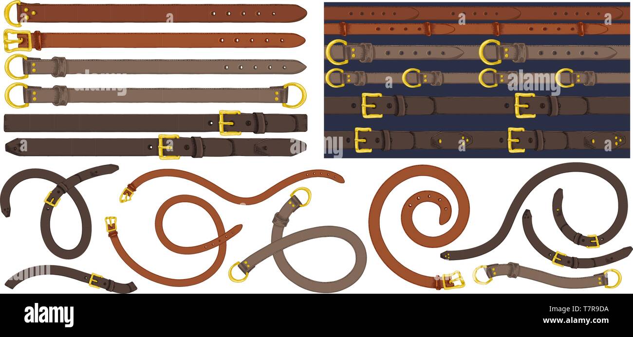 Set of brush patterns with retro hand-drawn sketch belt on white ...