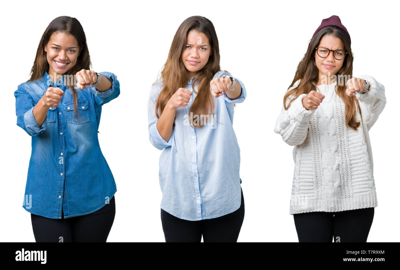 Collage of beautiful young woman over isolated background Punching fist ...