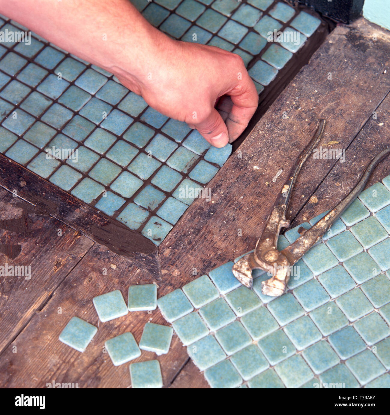 Hand replacing damaged tiles with mosaic tiling Stock Photo - Alamy