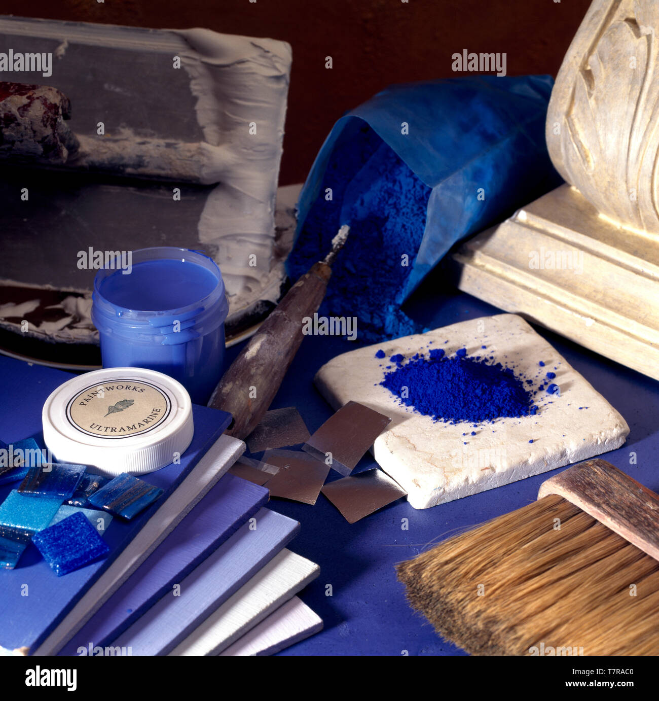 Powder paint and mosaic tiles with materials Stock Photo - Alamy