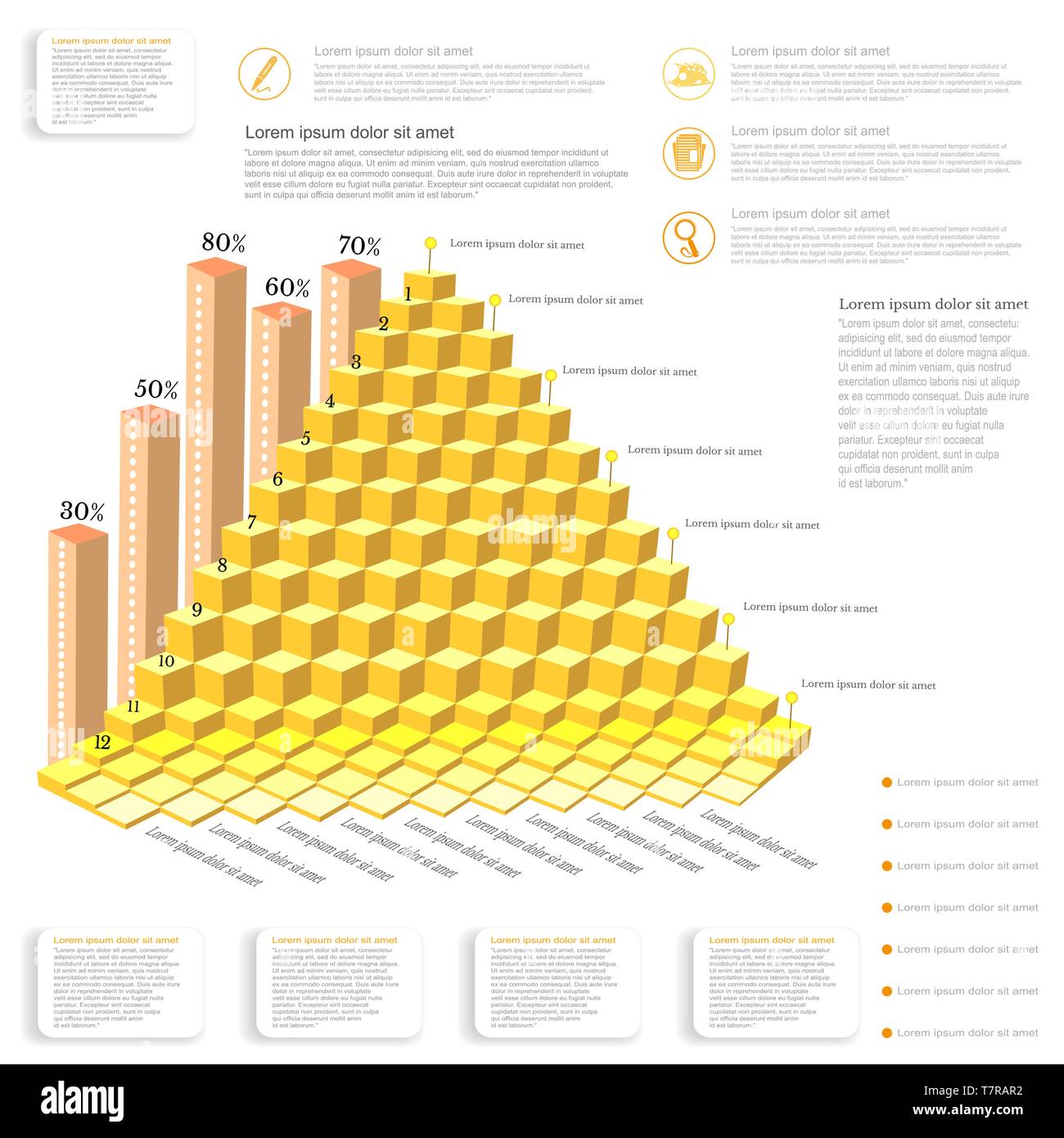 business infographic gold piramide from cubes and icons pointers notes ...