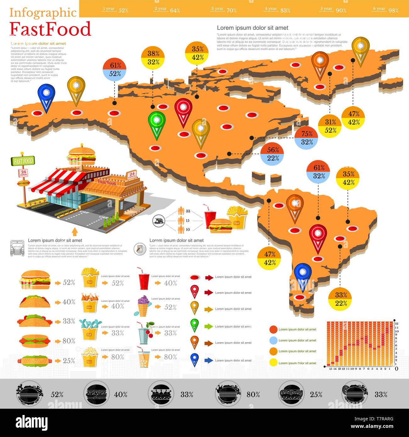 Fast food infographic. Map of America and Mexico with different info ...