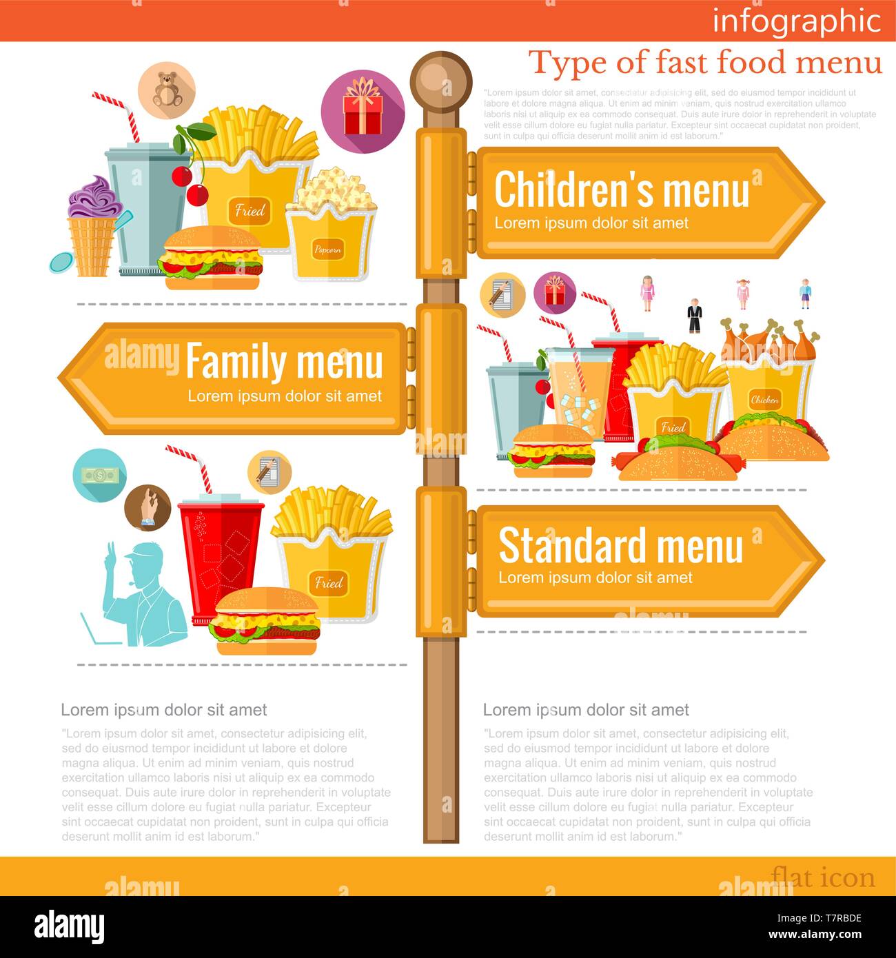 road sign infographic with different types of fast food menu Stock ...