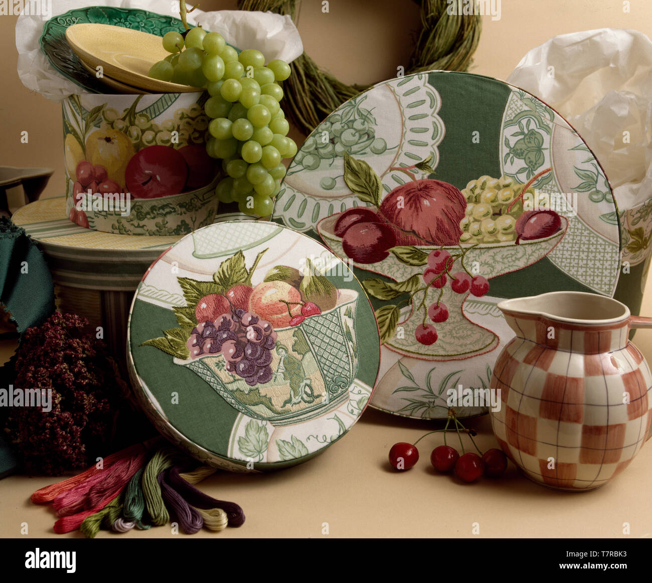 Pottery jug with decoratively covered cardboard storage boxes Stock ...