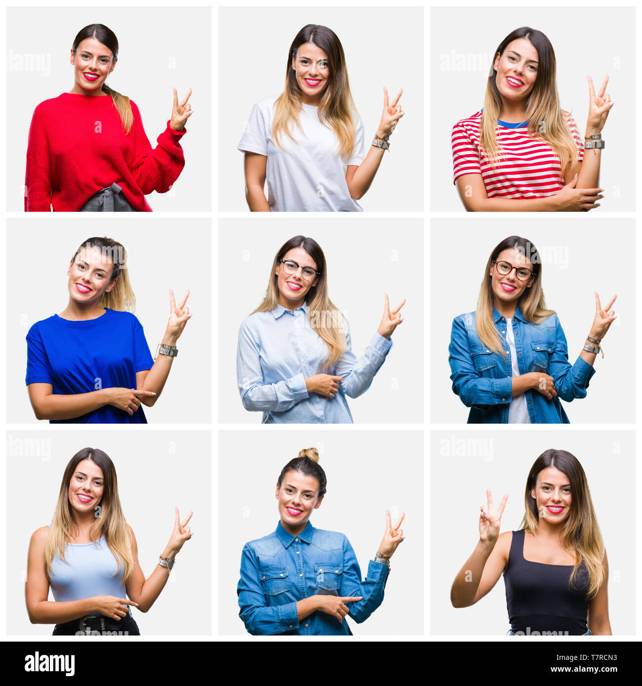 Collage of young beautiful woman over isolated background smiling with ...