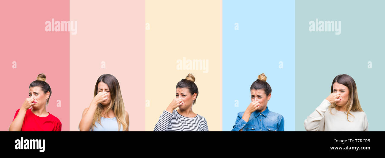 Collage of young beautiful woman over colorful vintage stripes isolated ...