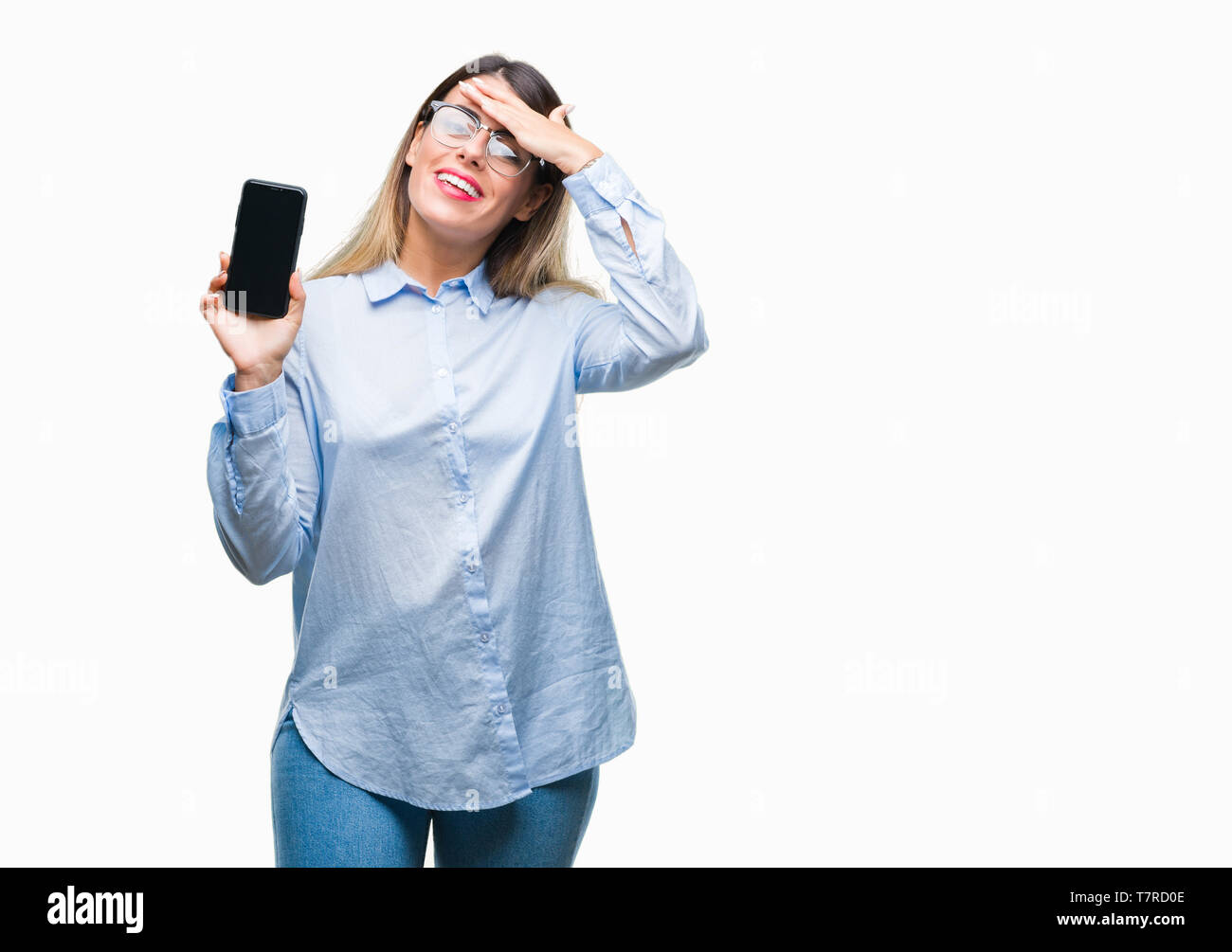 Young beautiful business woman showing blank screen of smartphone over ...