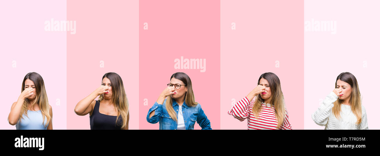 Collage of young beautiful woman over pink stripes isolated background ...