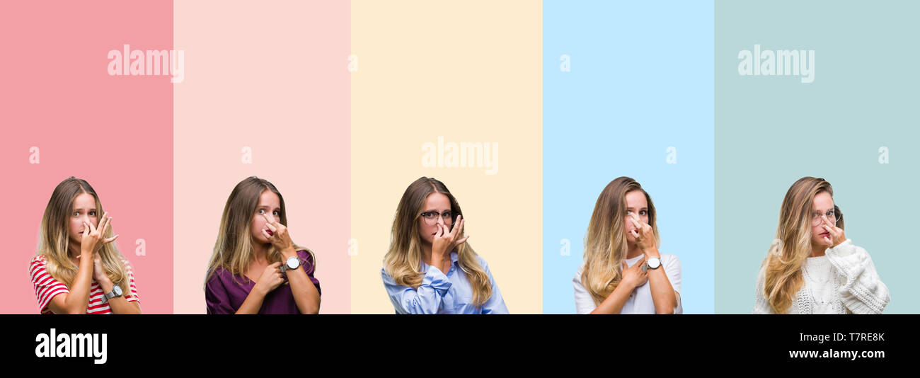 Collage of beautiful young woman over colorful stripes isolated ...