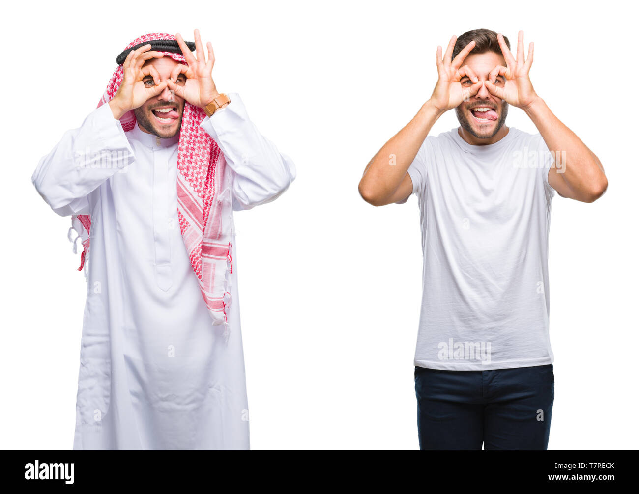 Collage of handsome young man and arab man over isolated background ...