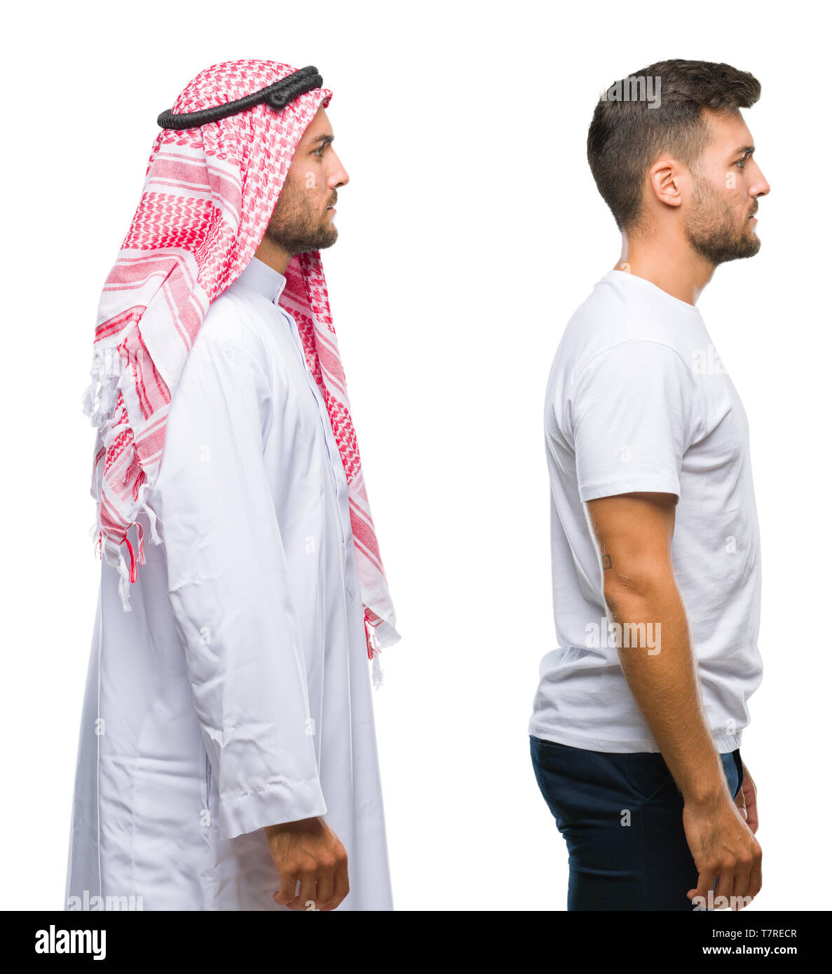 Collage of handsome young man and arab man over isolated background ...
