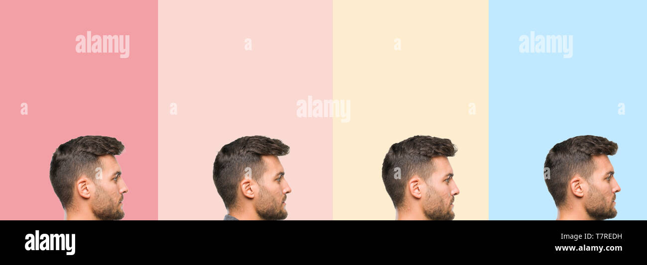 Collage of handsome young man over colorful stripes isolated background ...