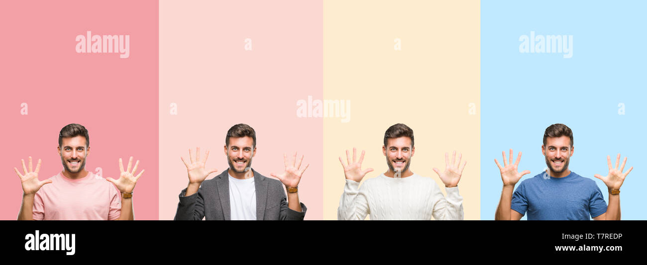 Collage of handsome young man over colorful stripes isolated background ...