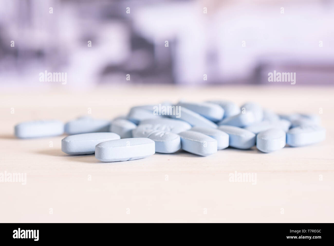 Lot of whole blue medical drug stack on the table in a hospital Stock ...