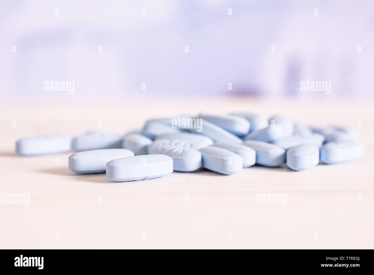 Lot of whole blue medical drug stack on the table in a hospital Stock ...