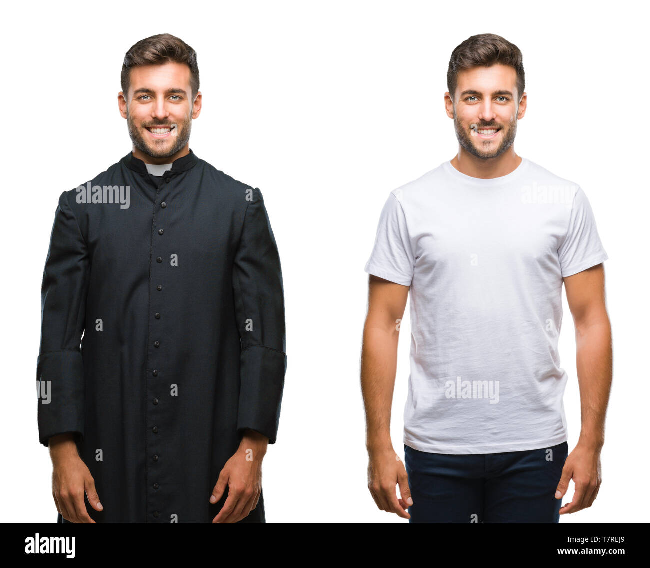 Collage of handsome young man and catholic priest over isolated ...