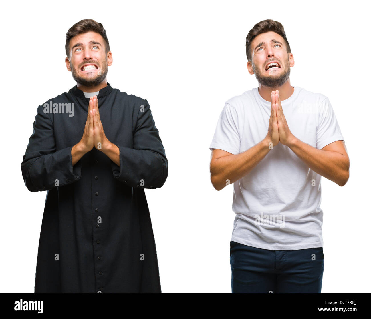 Collage of handsome young man and catholic priest over isolated ...