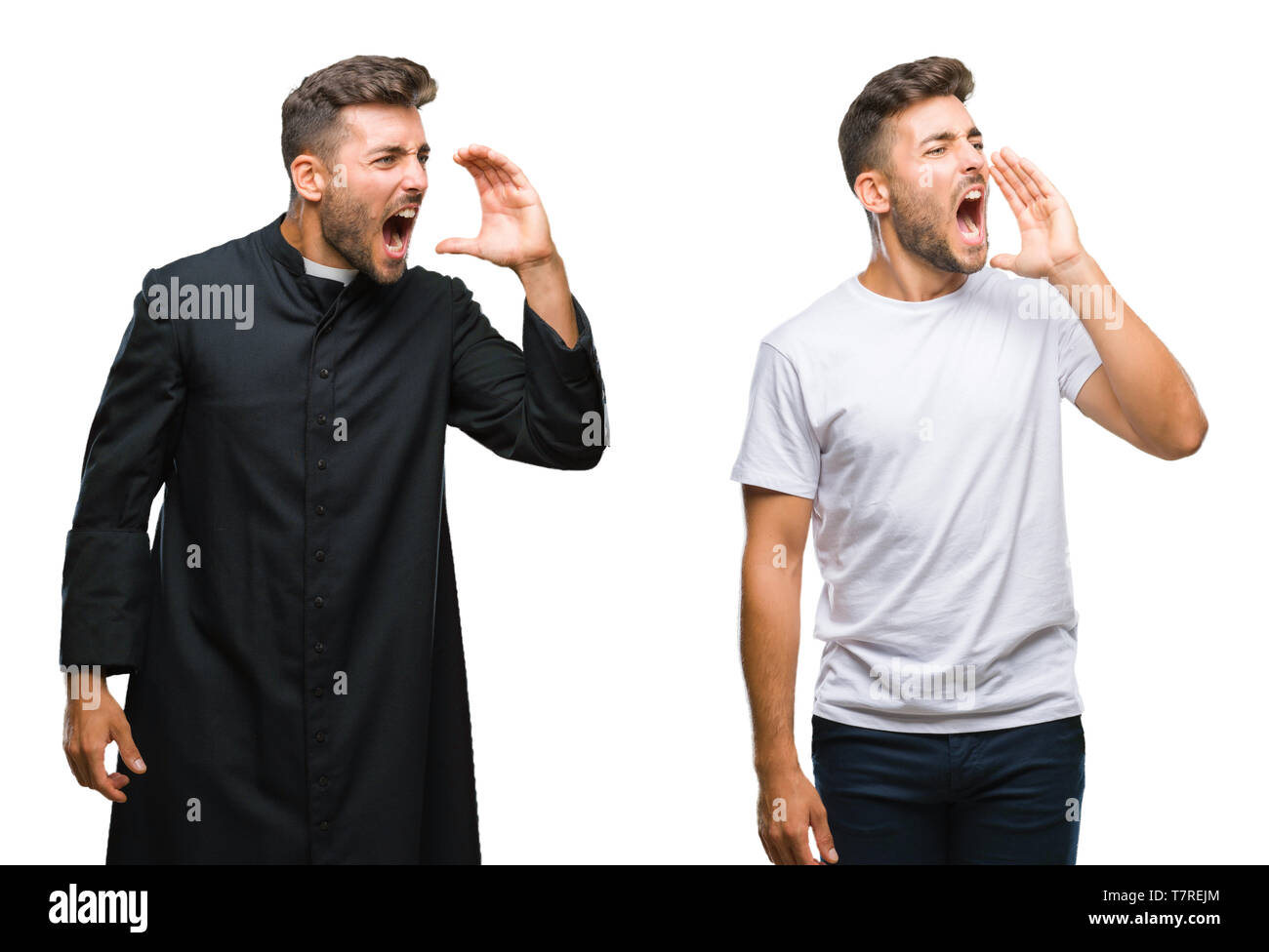Collage of handsome young man and catholic priest over isolated ...
