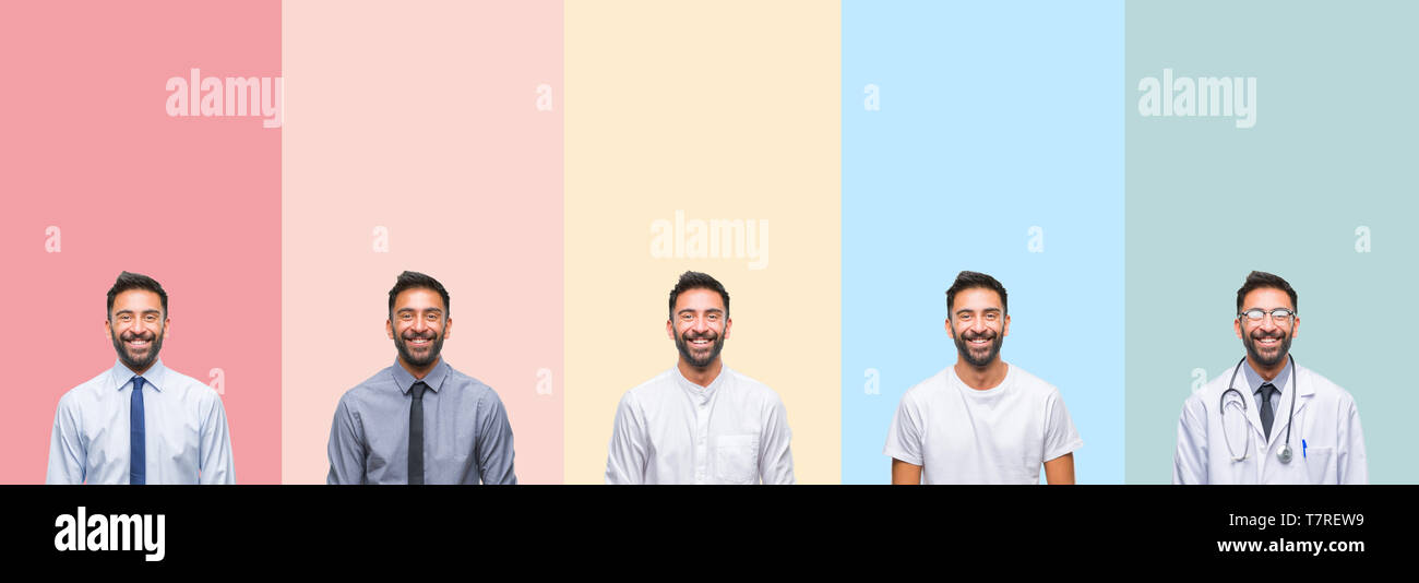Collage of handsome man over colorful stripes isolated background with ...