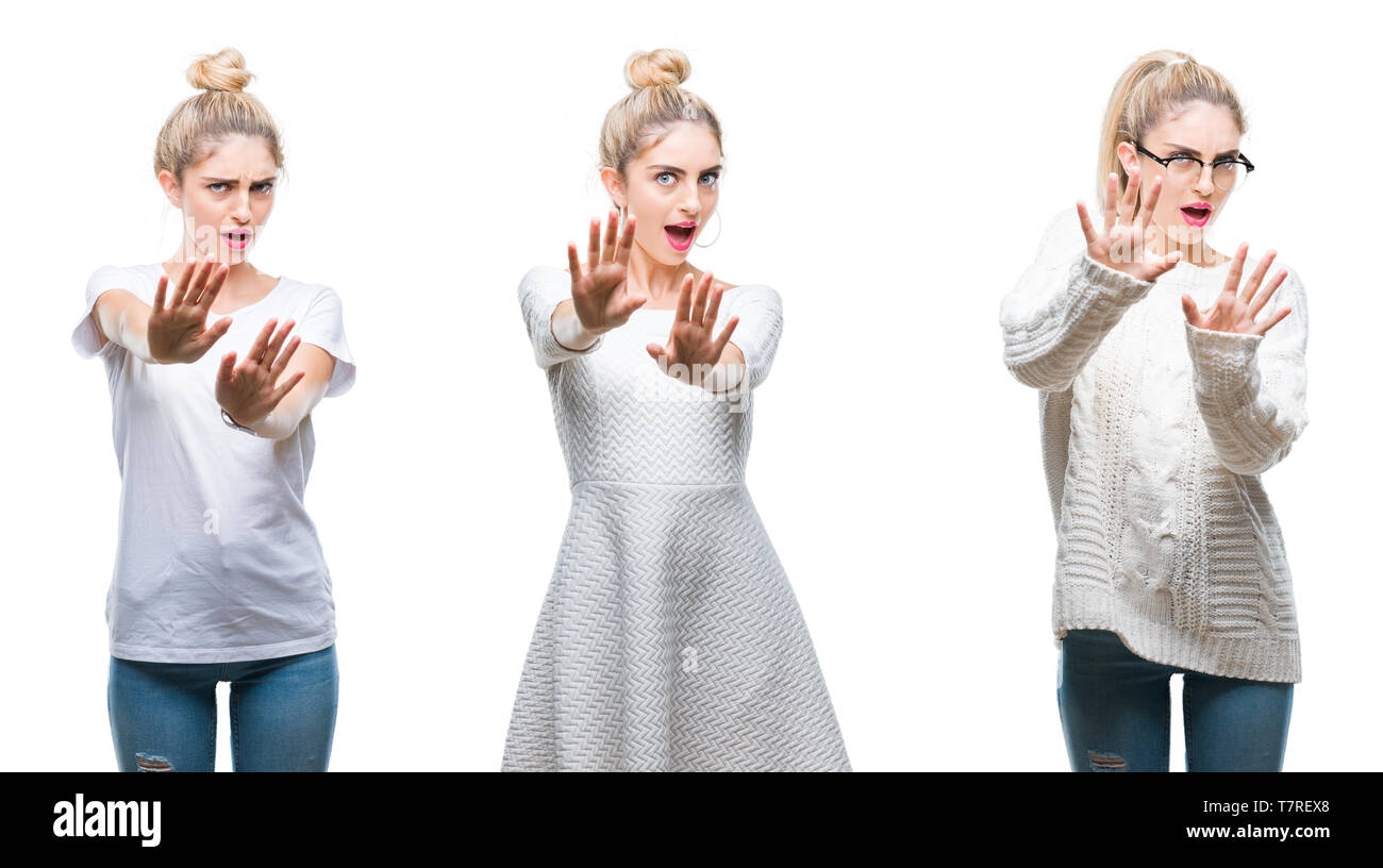 Collage of young beautiful blonde woman over white isolated background ...