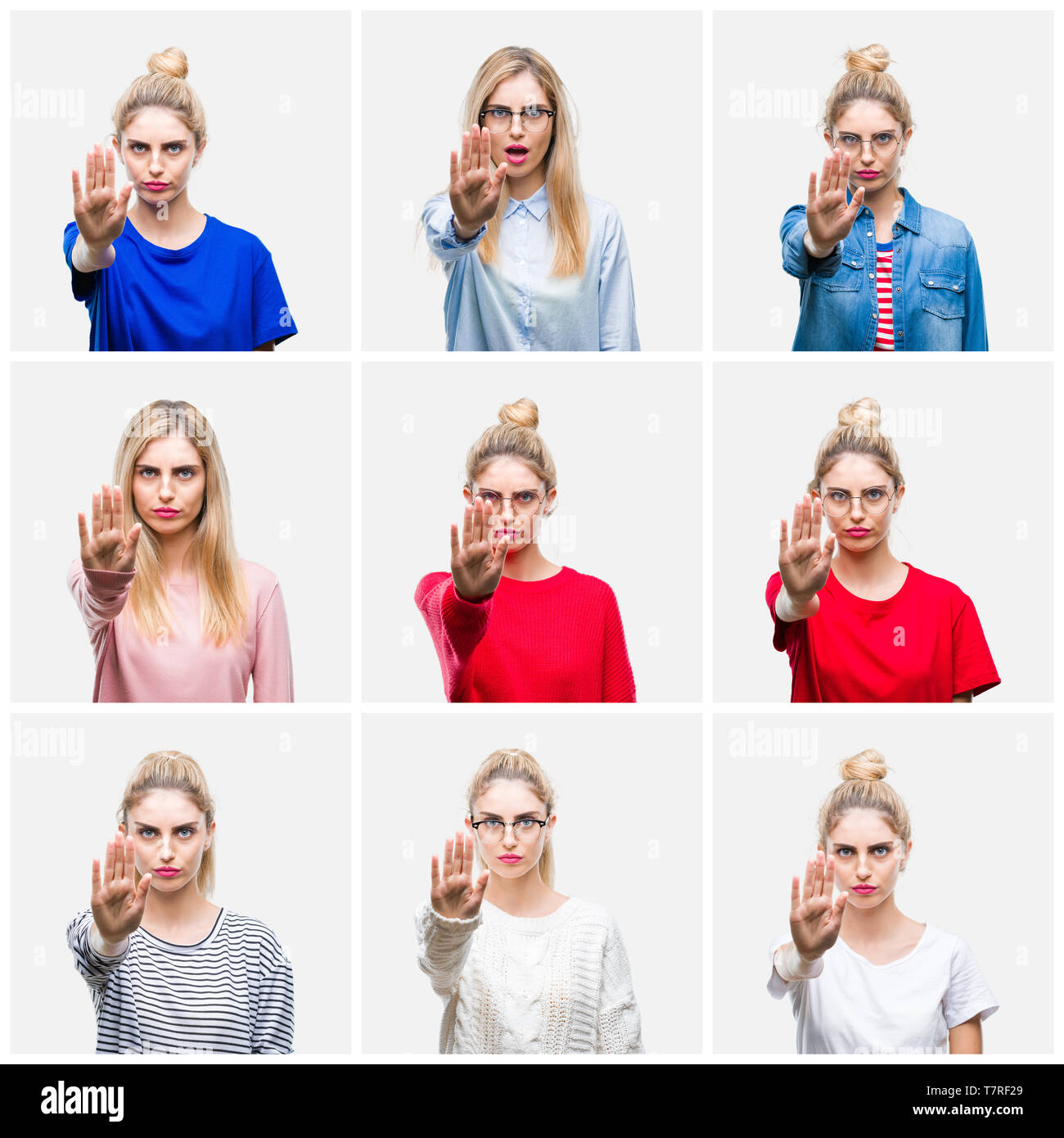 Collage of young beautiful blonde woman over white isolated background ...