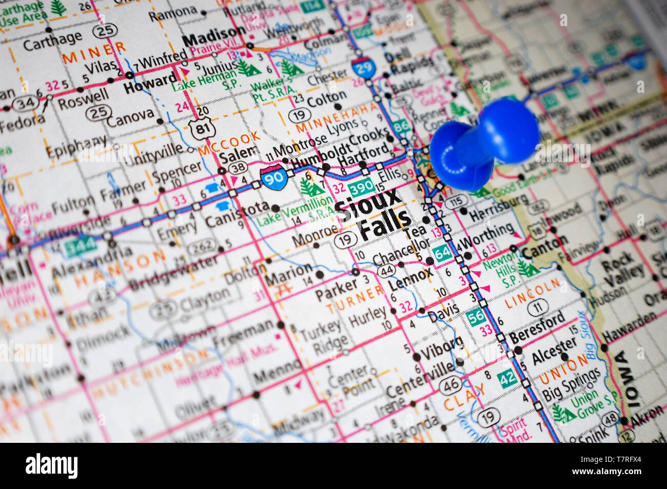 A map of Sioux Falls, South Dakota marked with a push pin Stock Photo ...