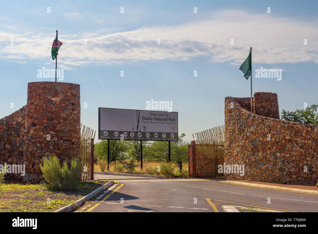 Galton Gate to Etosha National Park in Namibia and the entrance sign ...