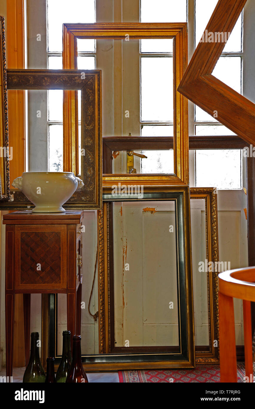 Still life with antique frames for paintings in antique shop, Carlsbad ...