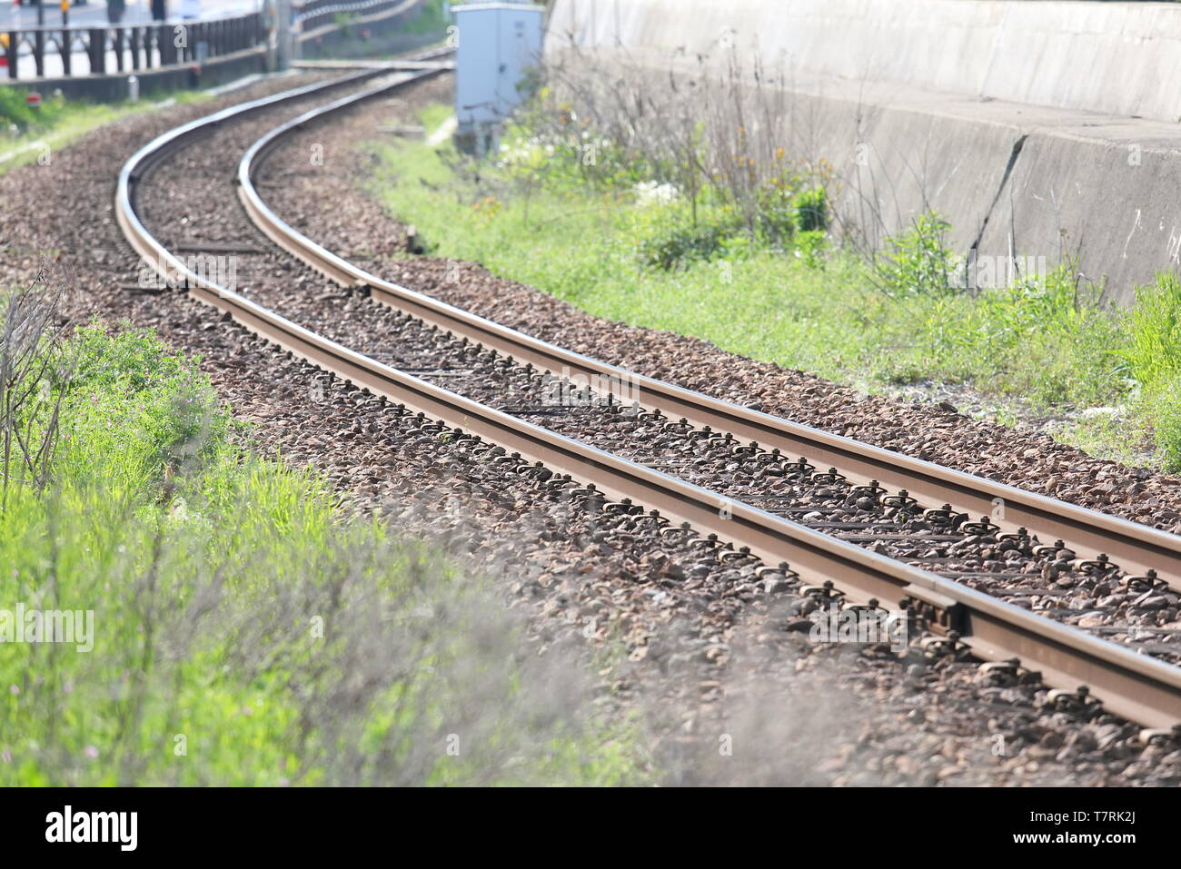 Train rail infrastructure background texture Stock Photo - Alamy