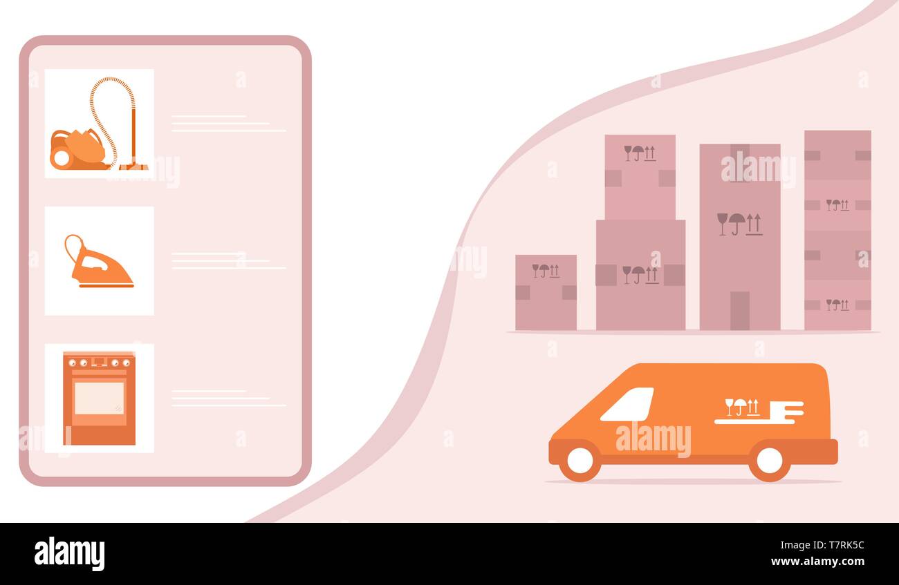 Vector illustration with order goods online. Warehouse, delivery. Cargo ...