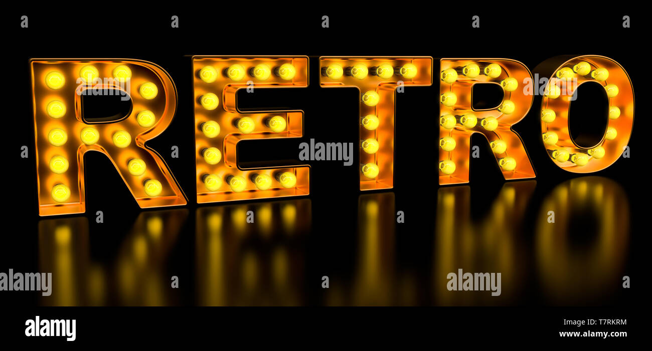 Retro signboard from golden light bulb letters, retro glowing font. 3D ...