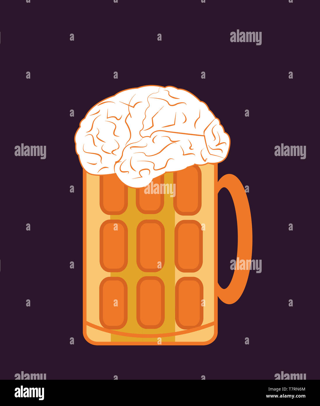 illustration of a beer with the brain on top on a violet background ...