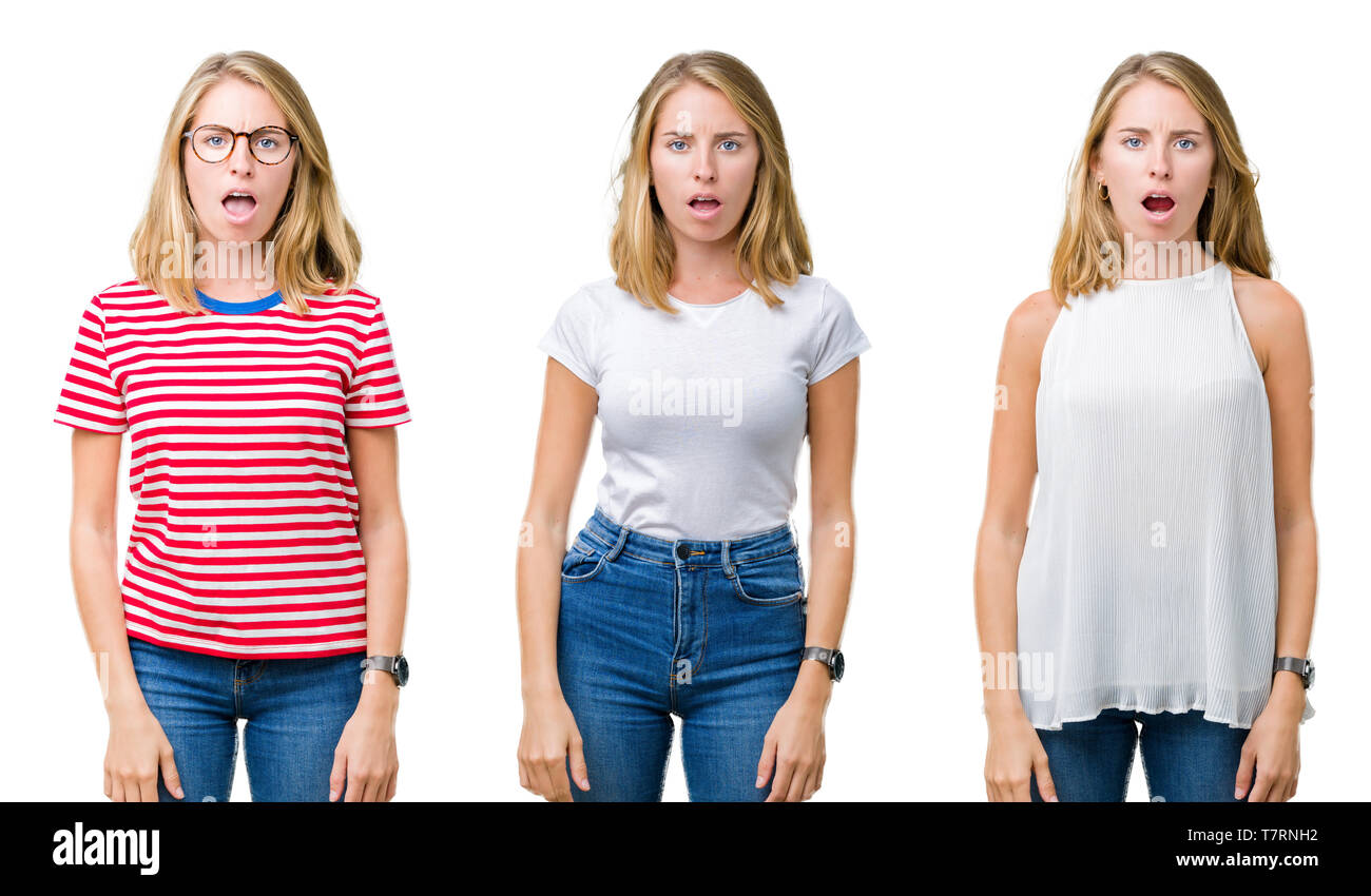 Collage of beautiful blonde woman over white isolated background In ...