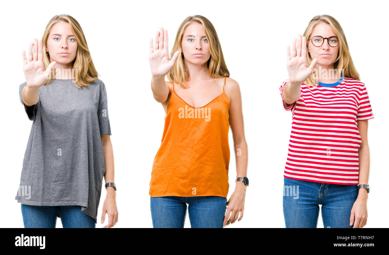 Collage of beautiful blonde woman over white isolated background doing ...