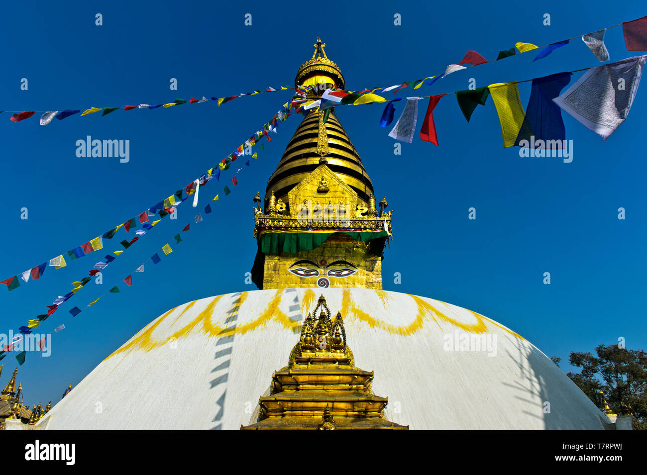 Gilded spire on which are painted the Buddha's eyes, Swayambhunath ...