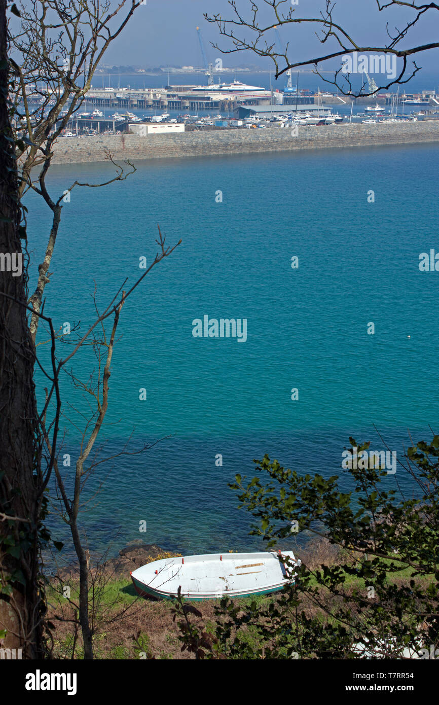 Channel Islands. Guernsey. Distant view of St. Peter Port harbour from ...