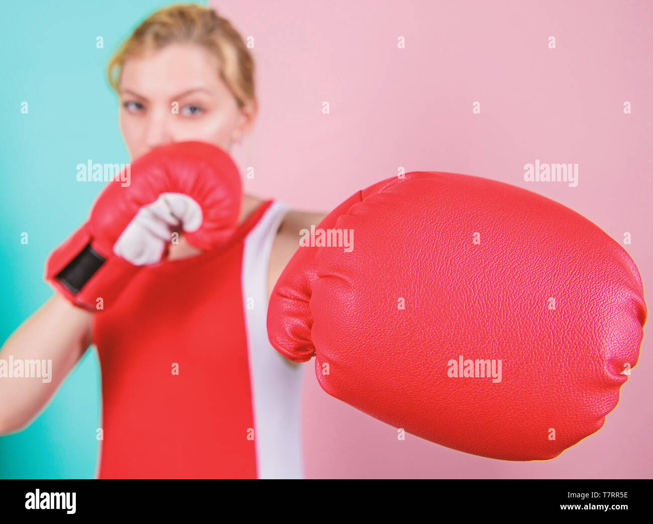 Ambitious girl fight boxing gloves. Female rights. I am gonna kick you ...
