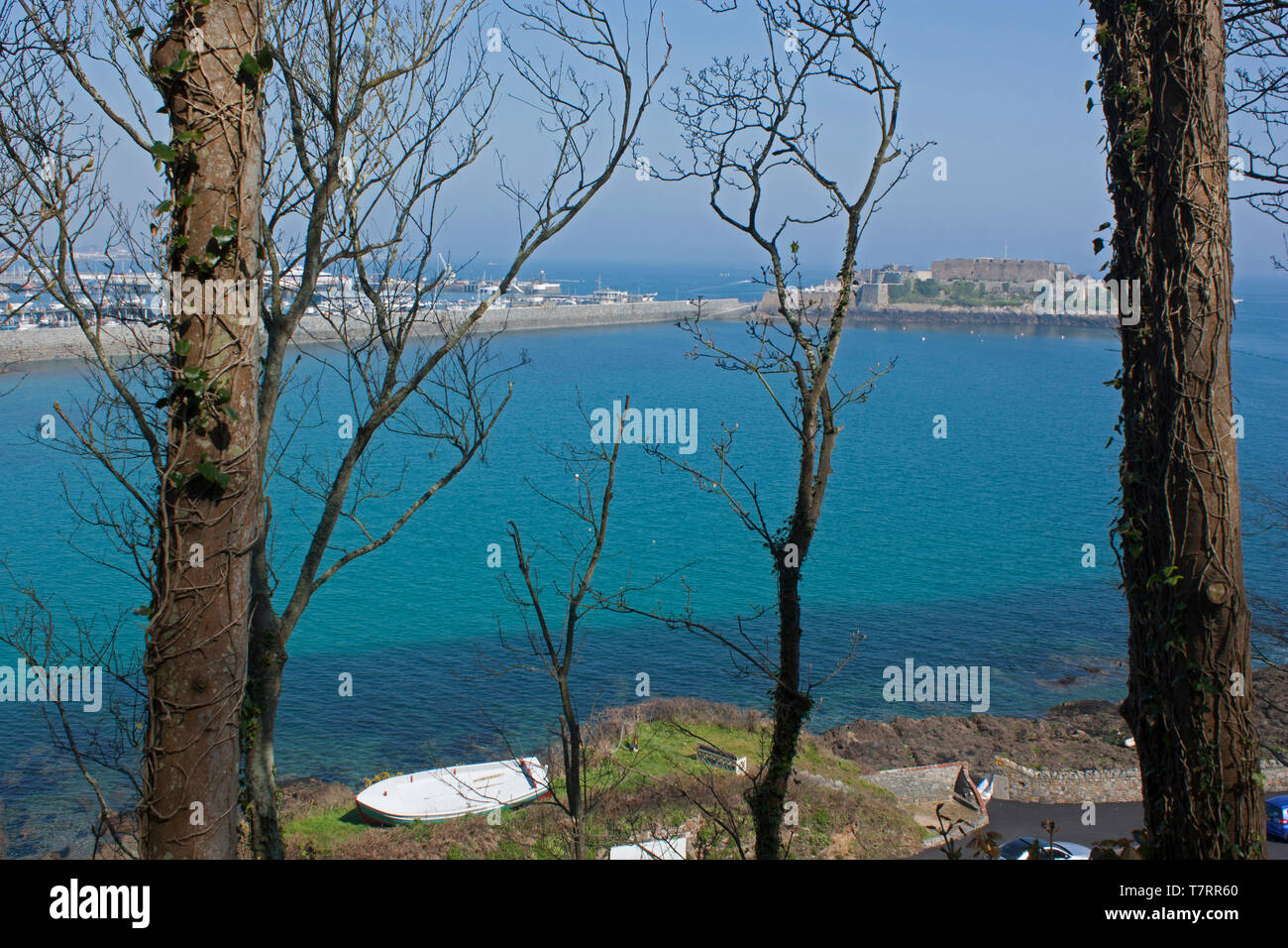 Channel Islands. Guernsey. Distant view of St. Peter Port harbour and ...