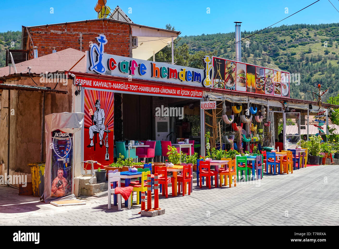 Cafes with colourful furniture, Karahayit town with red springs, near ...